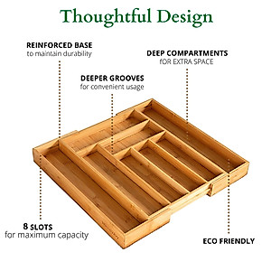 Bamboo Silverware Drawer Organizer - Expandable 100% Bamboo Cutlery Kitchen Drawer Organizer – Premium Wooden Utensil/Cutlery Tray for Kitchen Flatware Set– Eco-Friendly Silverware Organizer