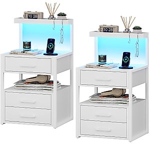 AOGLLATI Nightstand Set of 2 with Charging Station and LED Lights, Bedside Table with 3 Drawers and Open Storage Shelves, 2 USB Ports and 2 AC Outlets, LED Night Stand for Bedroom, 2 Pack, White