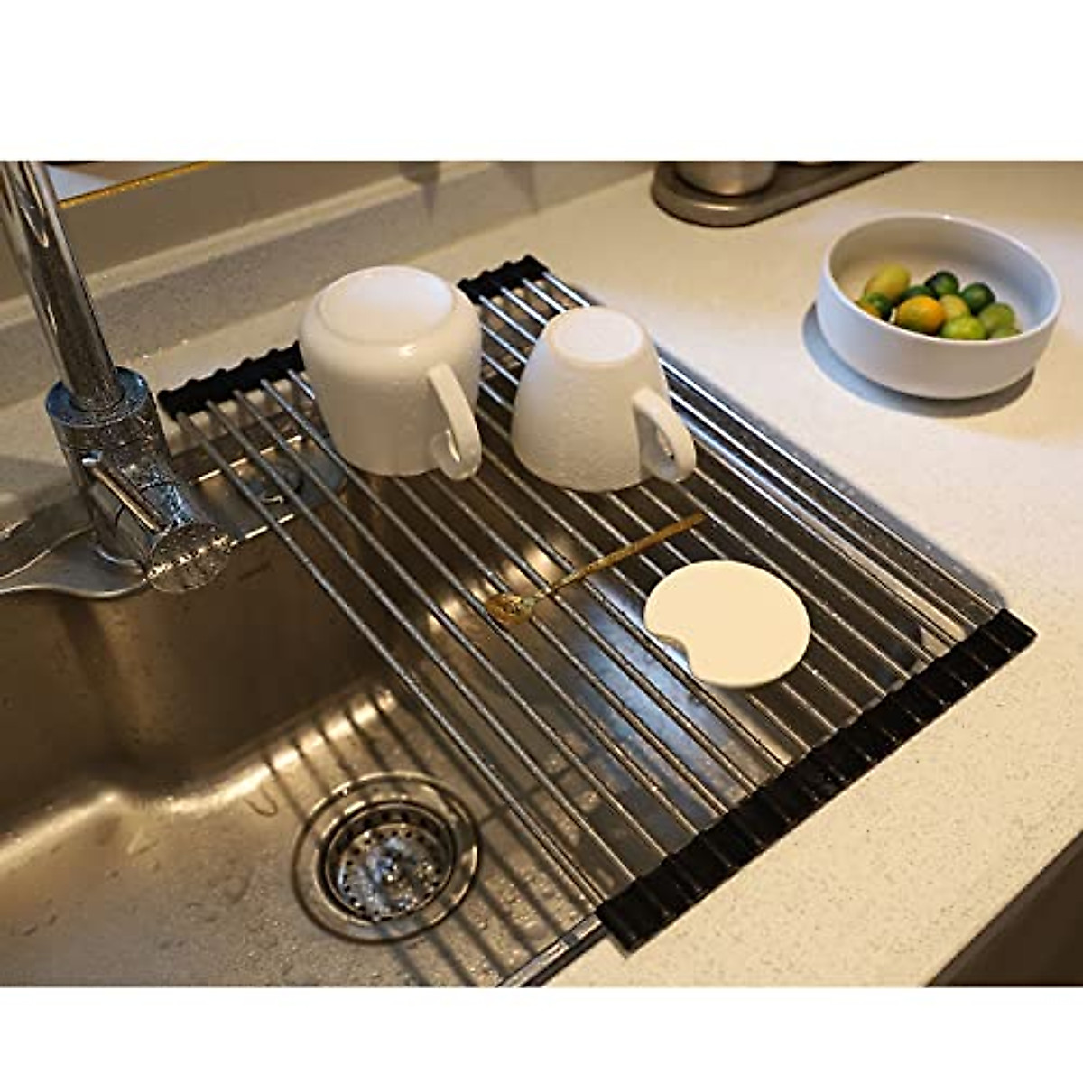Roll up Dish Drying Rack Over The Sink Dish Drying Rack Portable Stainless Still Rolling Rack Folding Dish Drainer Sink Rack Mat Dish Drying Rack for Kitchen Sink Counter (17.8''LX11.2''W, Black)