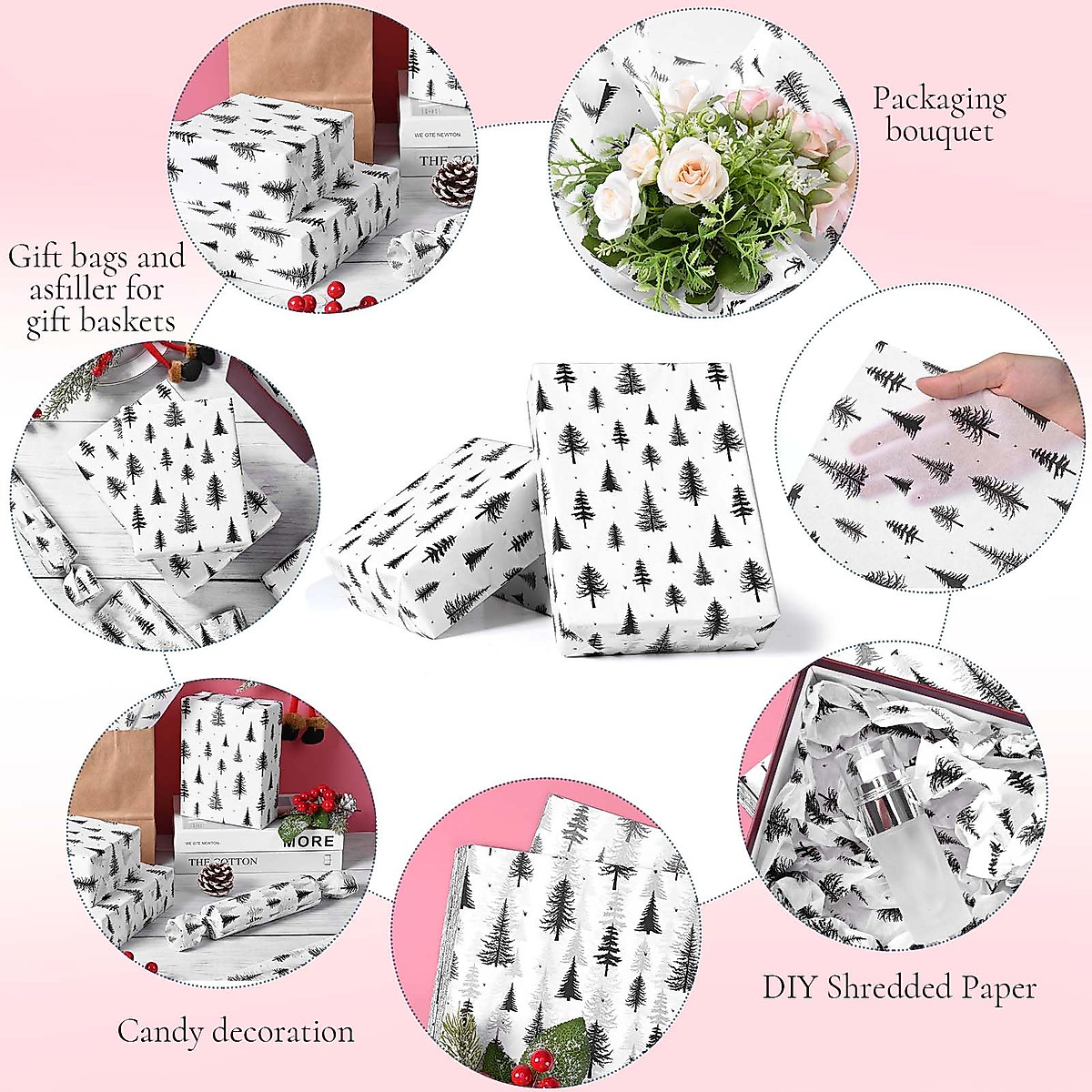 Bolsome 100 Sheets 20 * 14 Inches Christmas Tissue Paper for Gift Wrapping Black White Xmas Tree Printed Tissue Paper for Gift Bags for Xmas Party Baby Shower Birthday Party DIY Craft