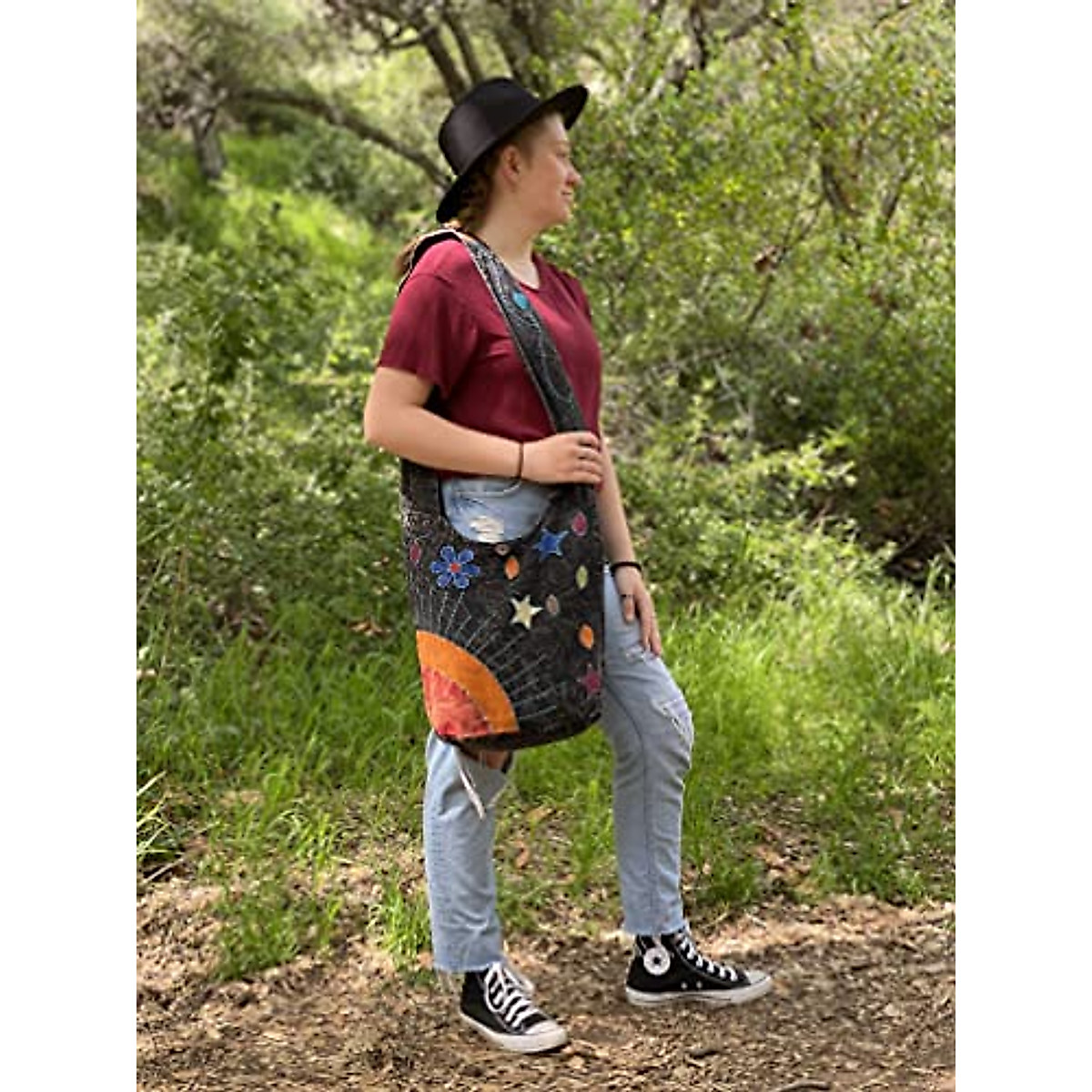 Elements of Nature Bohemian Hand-Stitched Hippie Hippy Shoulder Crossbody Monk Handbag in Black Large