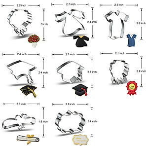 8PCS Graduation Cookie Cutters 2023 Shapes Set - Graduation Cap, Diploma, Gown, Plaque Frame, Medallion, Bouquet Biscuit Sandwich Fondant Fruit Cookie Cutter Mold Set for Party Supplies Decorations