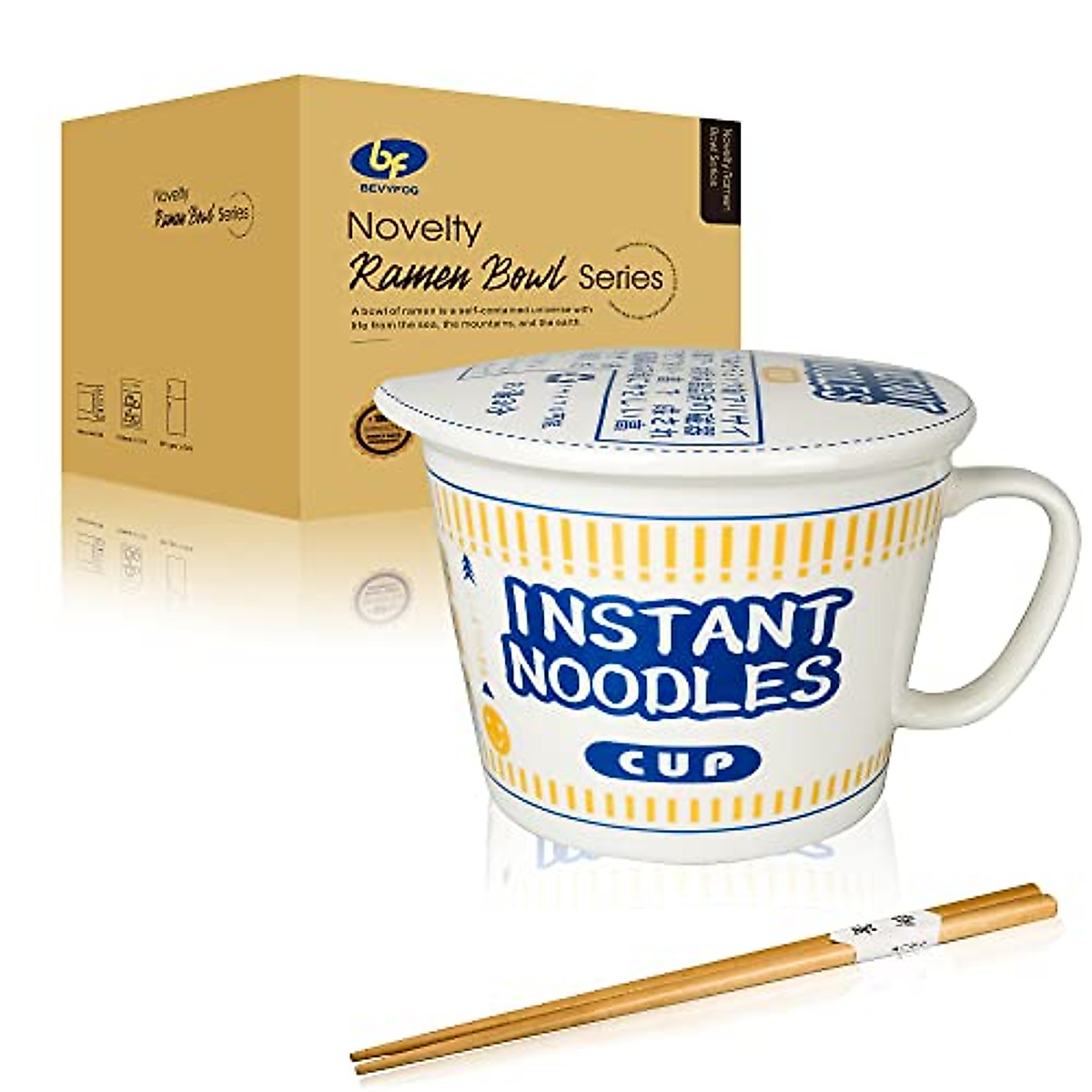 BF BEVYFOG Ramen Bowl Set with Chopsticks 32 OZ Large Ceramic Instant Ramen Noodle Bowls with Lid Gift Wrap Cute Japanese Soup Bowl with Handle, Microwave Safe (Blue)