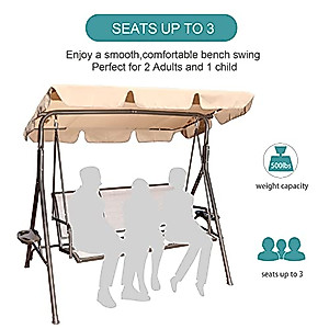 GOLDSUN 3 Person Outdoor Weather Resistant Patio Glider Swing Hammock Chair w/ Utility Tray & Sunshade Canopy for Patio, Garden, Deck, or Pool, Taupe