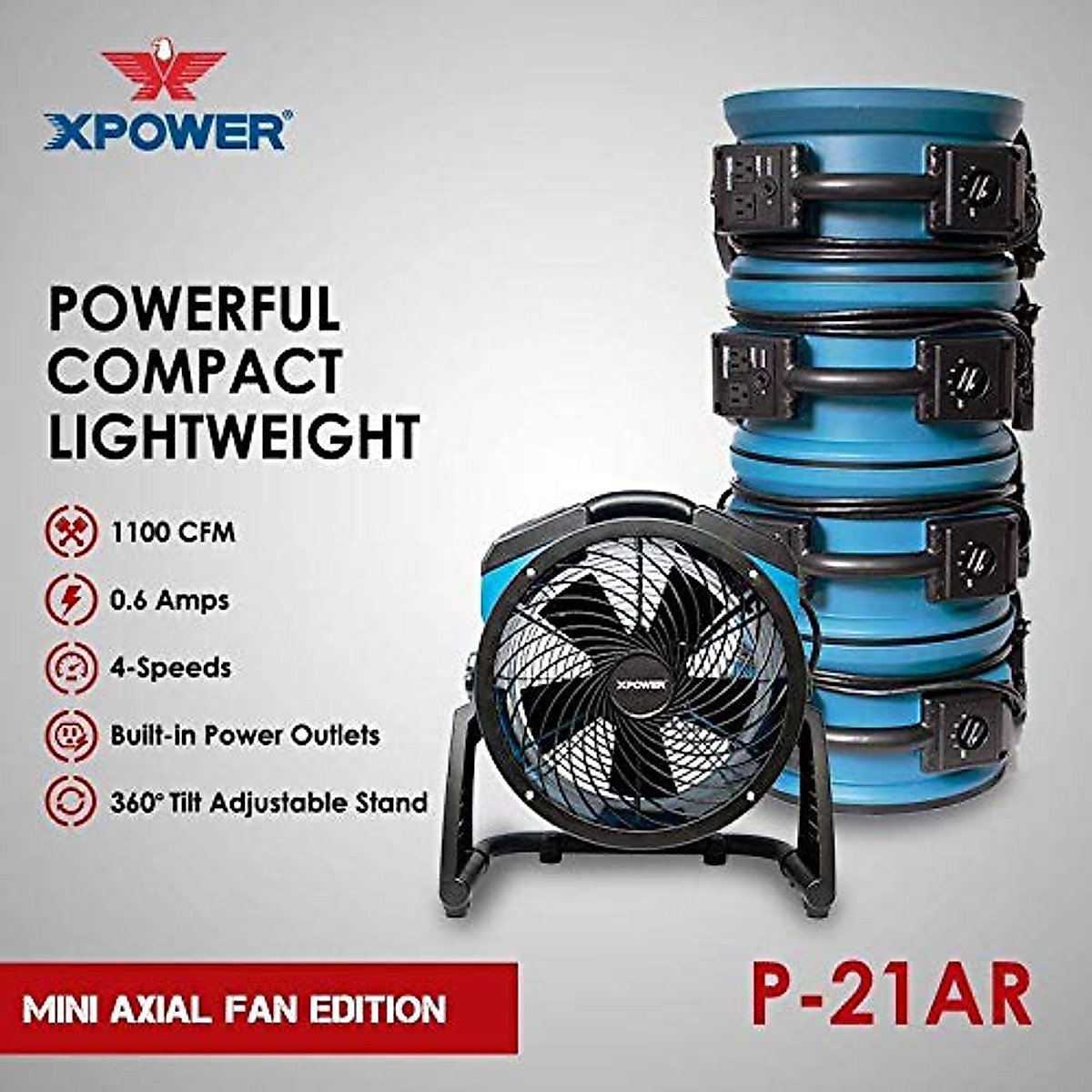 XPOWER P-21AR 11" Diameter Industrial High Velocity Axial Air Mover/Carpet Dryer/Floor Fan/Utility Blower 1100 CFM, 0.6 Amps