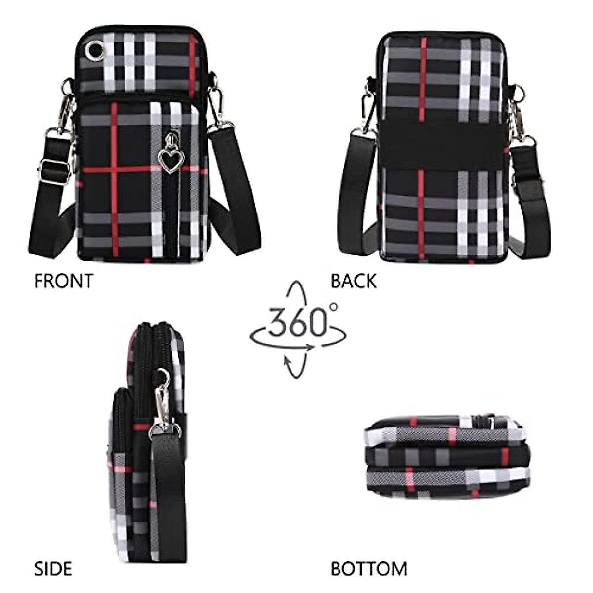 Small Crossbody Wallet Phone Bag, Nylon Cell Phone Purse, Travel Crossbody Bag Cell Phone Shoulder Bag Arm Bag Mini Wallet Purse, with Headphone Port (Black Plaid)