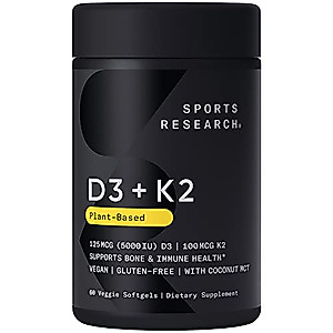 Sports Research Vitamin D3 + K2 with 5000iu of Plant-Based D3 & 100mcg of Vitamin K2 as MK-7 | Non-GMO Verified & Vegan Certified (60ct)
