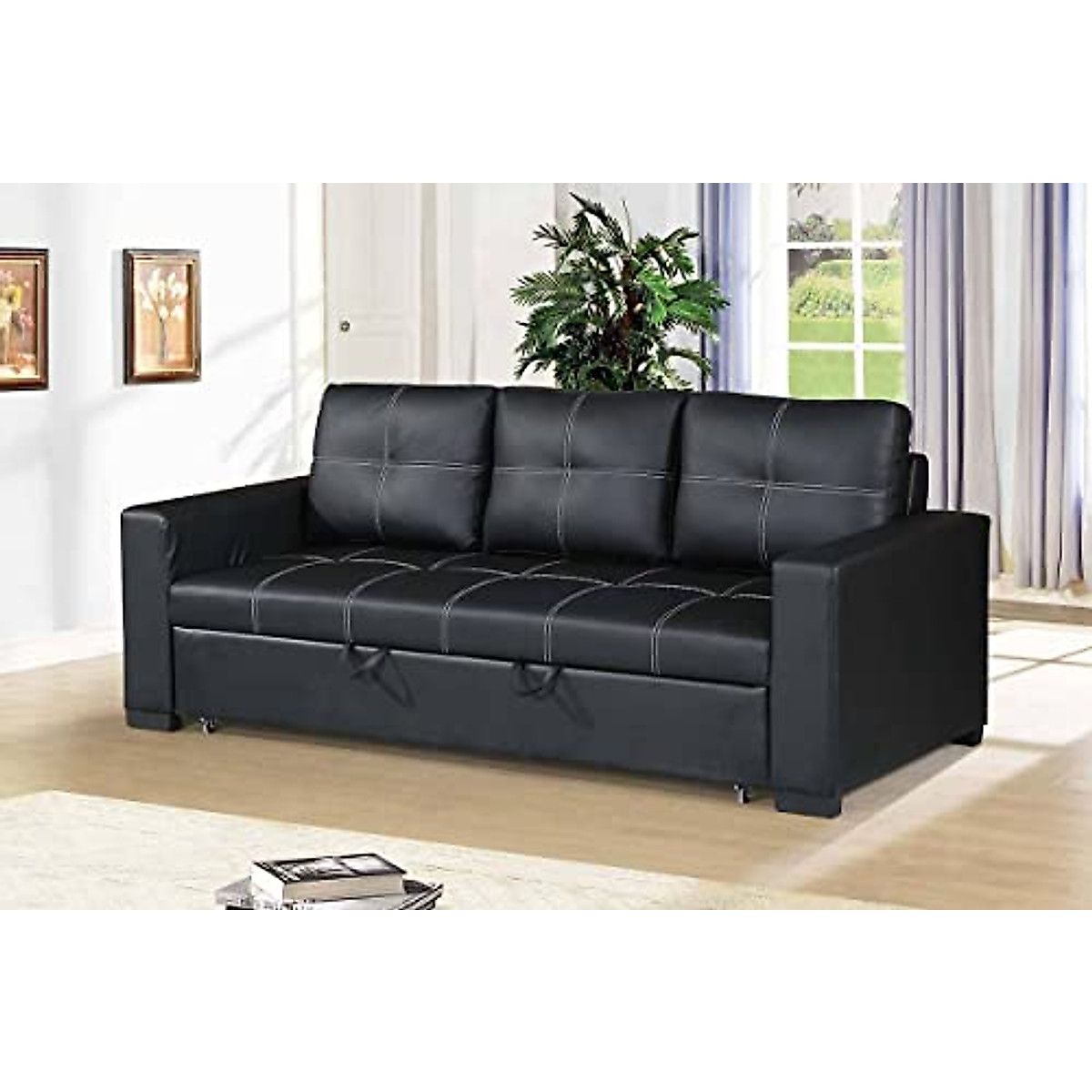 INFINI FURNISHINGS 3 Seats Convertible Sectional Pull Out Sleeper Living Room Sofa Bed Futon Couch Modern Tufted Line Design Sofabed, Black Faux Leather
