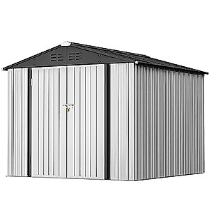 Greesum Metal Outdoor Storage Shed 8FT x 6FT, Steel Utility Tool Shed Storage House with Door & Lock, Metal Sheds Outdoor Storage for Backyard Garden Patio Lawn, White