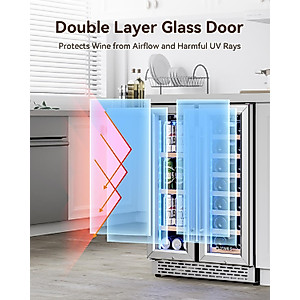 Plotanis 24 Inch Wine Fridge Dual Zone 20 Bottles 60 Cans Wine Refrigerator Built-in or Freestanding Wine Beverage Cooler with Glass Door, 3-Color Light, Safety Lock