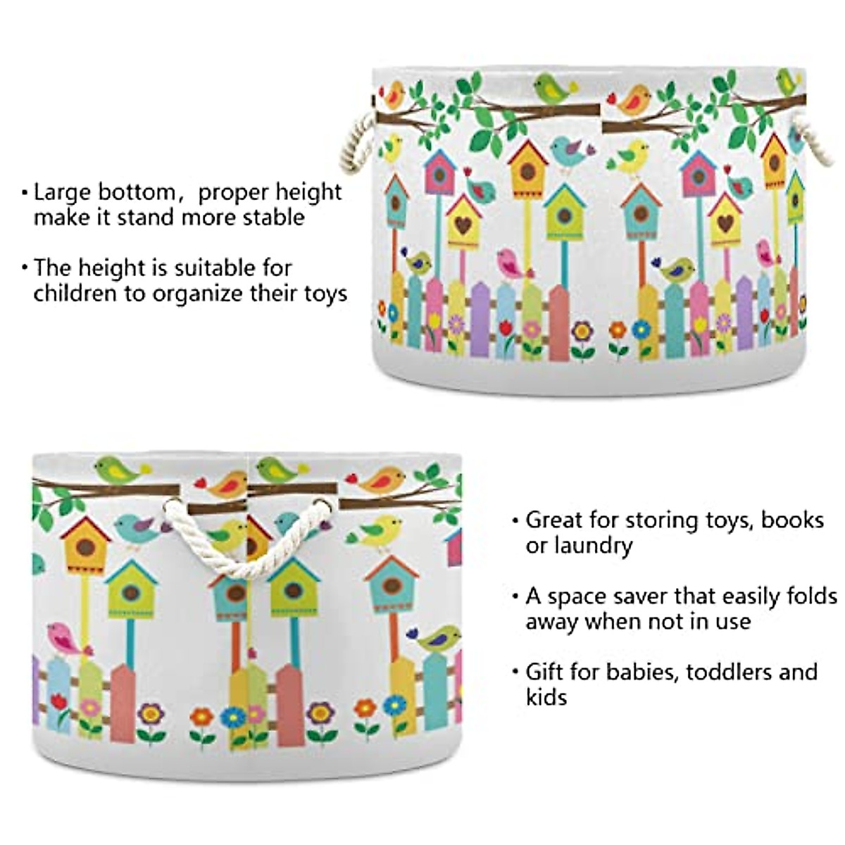 Colorful Birds and Birdhouses Raster Tree Branches Leaves Flowers Round Storage Basket Waterproof Print Collapsible Fabric Cube With Cotton Rope Handles Laundry Bag Organizer Toys Clothes for Room