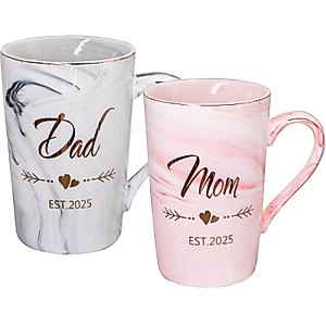 Mugpie Dad and Mom Couple Mugs - New Parents Gifts First Time Pregnancy Gifts EST 2025 Dad and Mom Coffee Mug Set- Elegant Gifts for Baby Shower Mother's Day Father's Day - 12.5oz Ceramic Coffee Cup