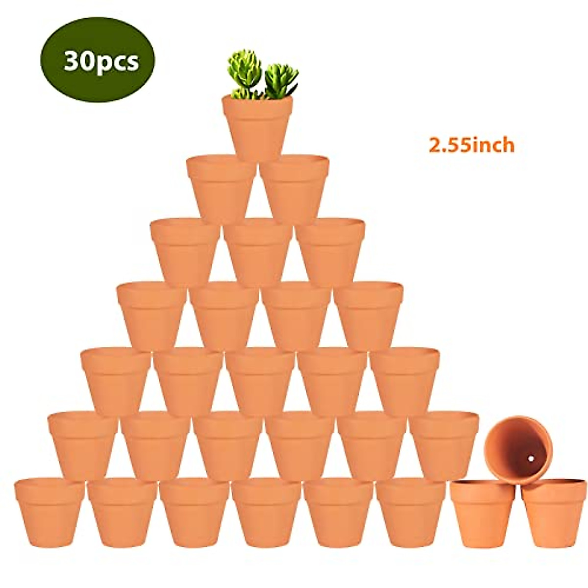 Baxrou 2.55 Inch Terra Cotta Pots 30pcs Small Mini Clay Pots with Drainage Holes,Cactus Flower Nursery Terracotta Pots for Indoor/Outdoor Succulent Plants, Crafts, Wedding Favor