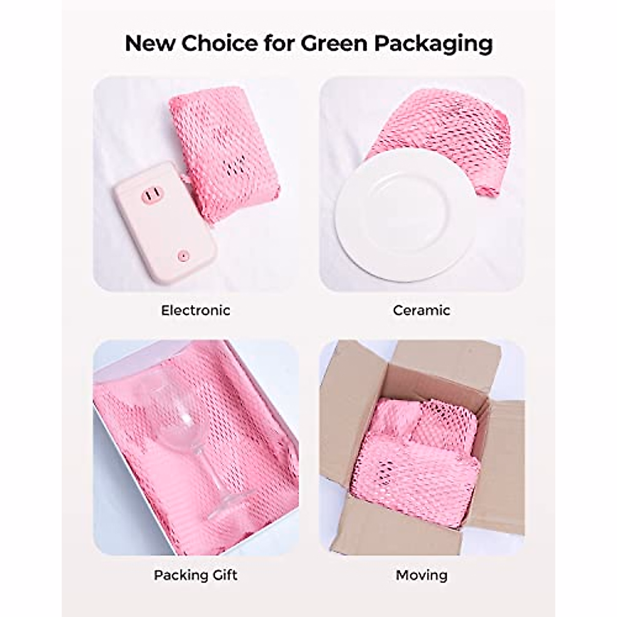 MUNBYN Pink Honeycomb Packing Paper, 15 Inches x 120 Feet Packing Glass Paper, Bubble Wrap for Dishes and Plates, Packing, Moving, with 16 Fragile Stickers and 100ft Twine