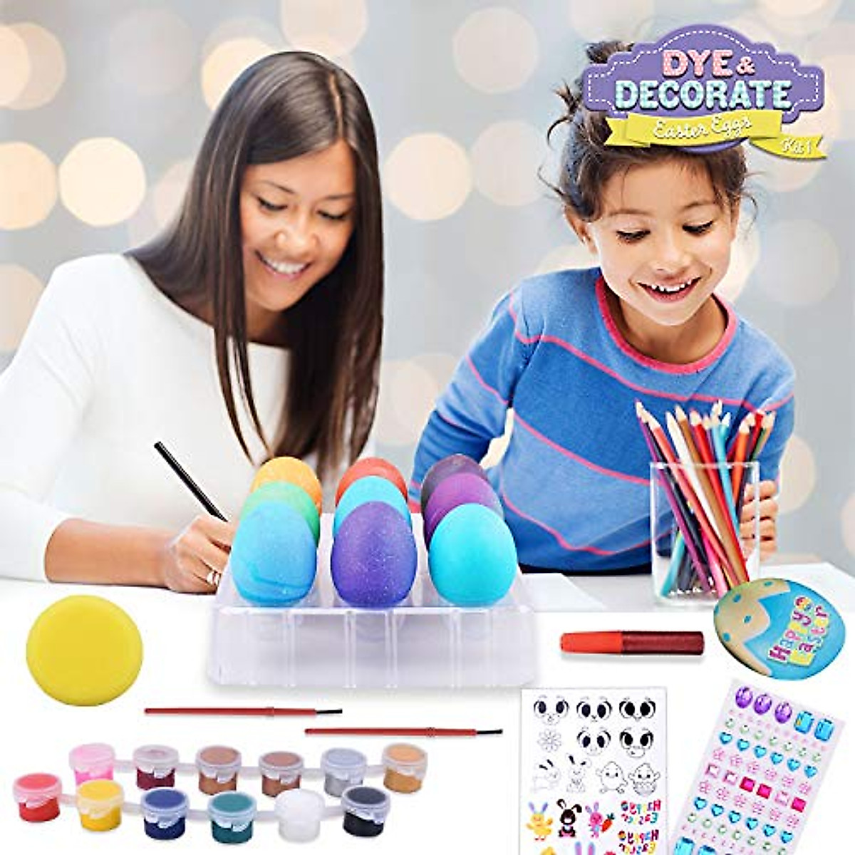 Klever Kits 47 Pcs Easter Egg Dye Decorating Kit Gift with Painting Crafts, Stickers for Kids Boys Girls Easter Creativity Activity, Party Decor, Party Favor