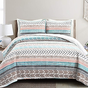 Lush Decor Hygge Geo Pattern Striped 3 Piece Quilt Bedding Set, King, Neutral & Multicolored