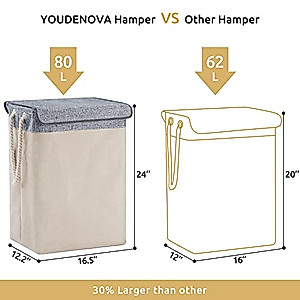 YOUDENOVA Collapsible Laundry Basket with Lid, 80L Clothes-Hamper for Bedroom with Handles, Freestanding Hamper with Lid, Foldable Laundry Hamper for Baby, Towels Blankets Toys Organizer. Grey