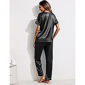 Ekouaer Short Sleeve Pajamas Set for Women Satin Silk Long Pant Pj Set Sleepwear Two Piece Nightwear Black L