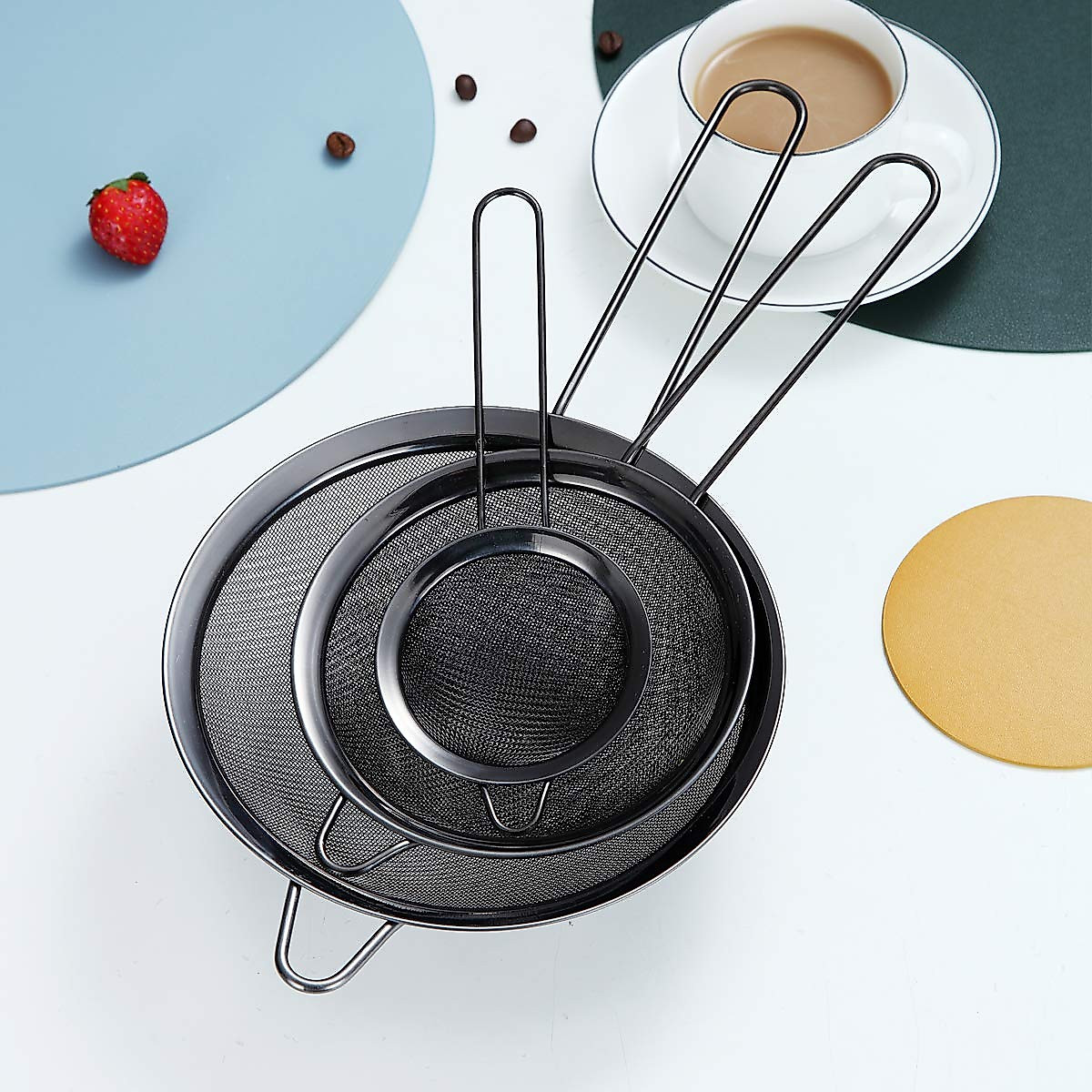 Kyraton Black Fine Mesh Strainer 3 Pieces Set, Flour Sifter For Baking, Stainless Steel Clander, Matcha Tea Strainer, Gravy Separator, Stasher Sieve Pasta Strainers