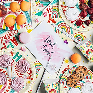 Retro Rainbow Themed Happy Birthday Party Supplies Set - Vibrant Disposable Paper Plates, Cups, Napkins, Tablecloth & Birthday Banner - Fun & Colorful Design for Boys/Girls - For 25 Guests