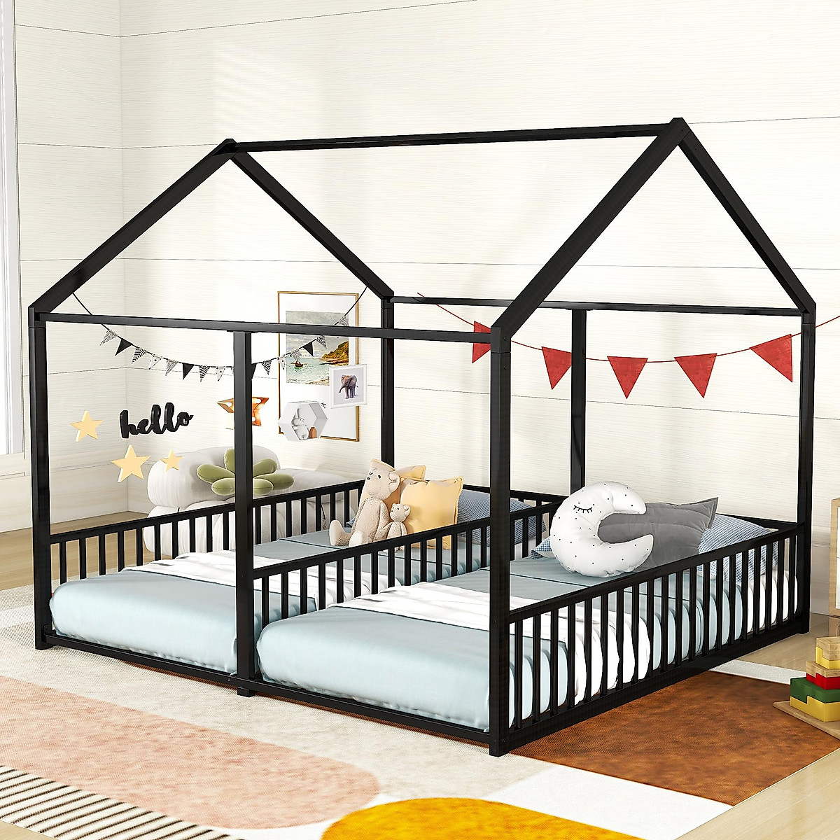 Double Floor Bed for Twins,Twin Size House Bed for 2 Kids,Two Shared Beds,Twin House Platform Beds,Metal Floor Bed Frame with Rails for Girls,Boys(Black)