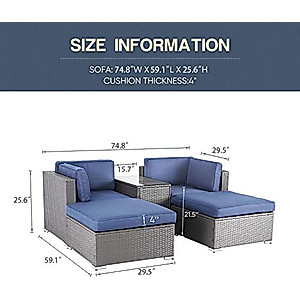 SOLAURA 5-Piece Outdoor Patio Furniture Set, PE Rattan Wicker Chair Sectional Sofa Set with YKK Zipper and Glass Coffee Table - Navy Blue