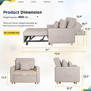 YODOLLA 38" Sleeper Chair, Extra Wide 3-in-1 Convertible Chair Bed for Adults, Pull Out Sofa Bed with Adjustable Backrest, Single Bed Chair for Space Saving, Living Room, Apartment, Beige