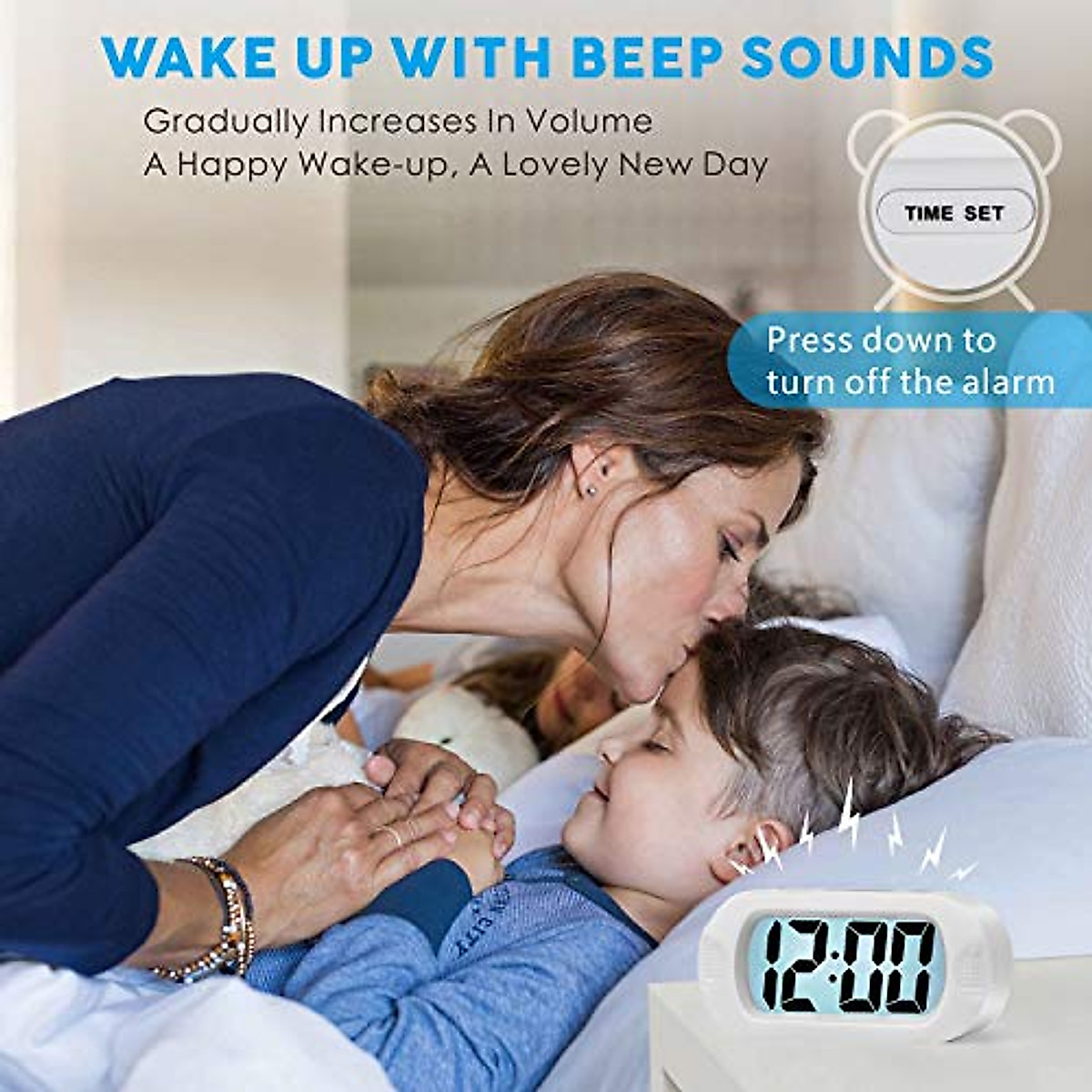 Plumeet Digital Alarm Clock Travel Clock with Snooze and Nightlight - Easy to Set Simple Bedside Alarm Clocks for Kids - Ascending Sound - Battery Powered (White)