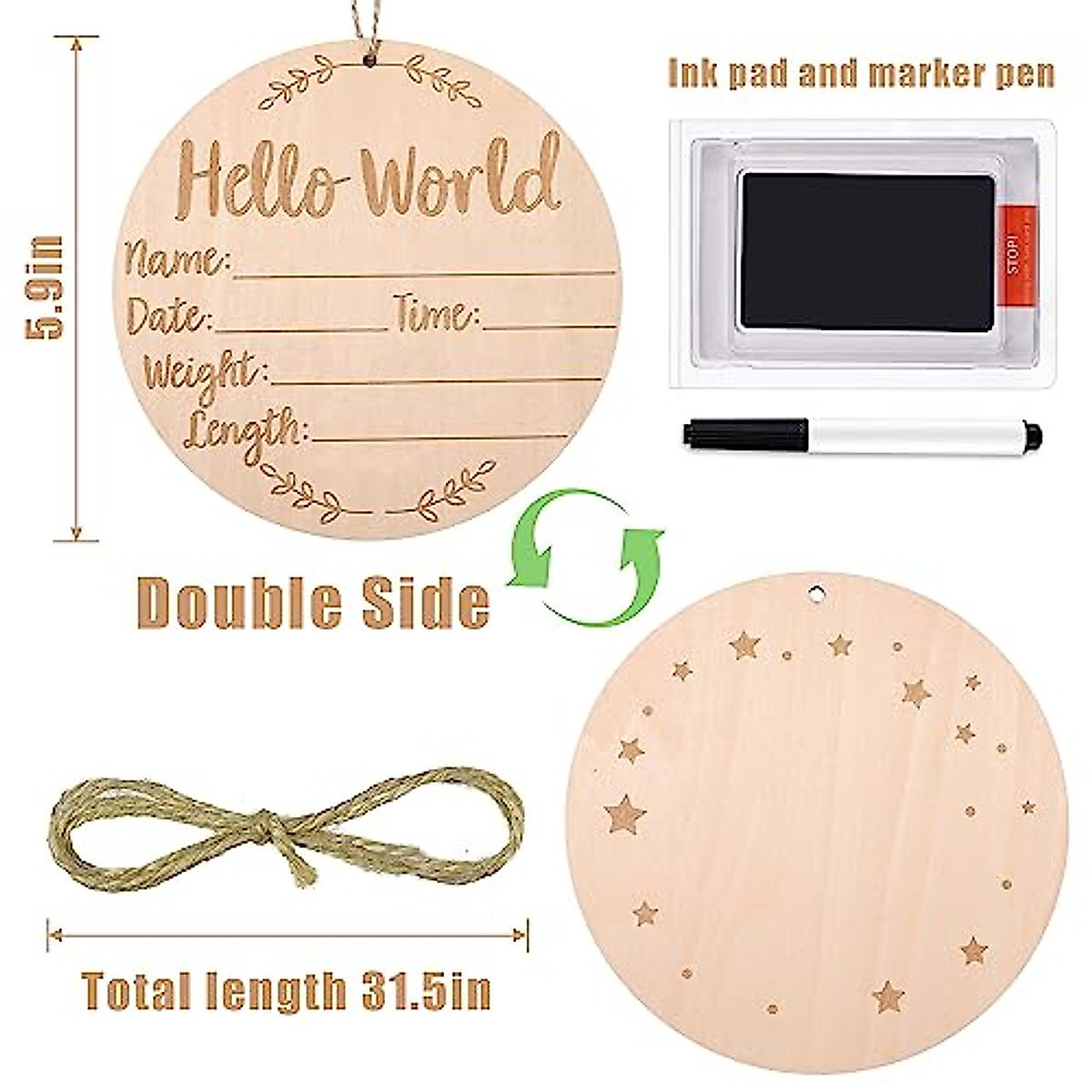 Baby Announcement Sign, 5.9 inch Double Side Wooden Birth Announcement Sign with Ink Pad for Baby Hand and Footprints for Hospital Hello World Newborn Announcements