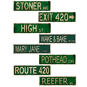 8 PCS Stoner Avenue Mary Jane Lane Exit 420 Street Sign Weed Stoner Accessories Marijuana Gifts for Men - Trippy Room Man Cave Decor - Vintage Rustic Stoner Grunge Wall Room Bedroom Decor