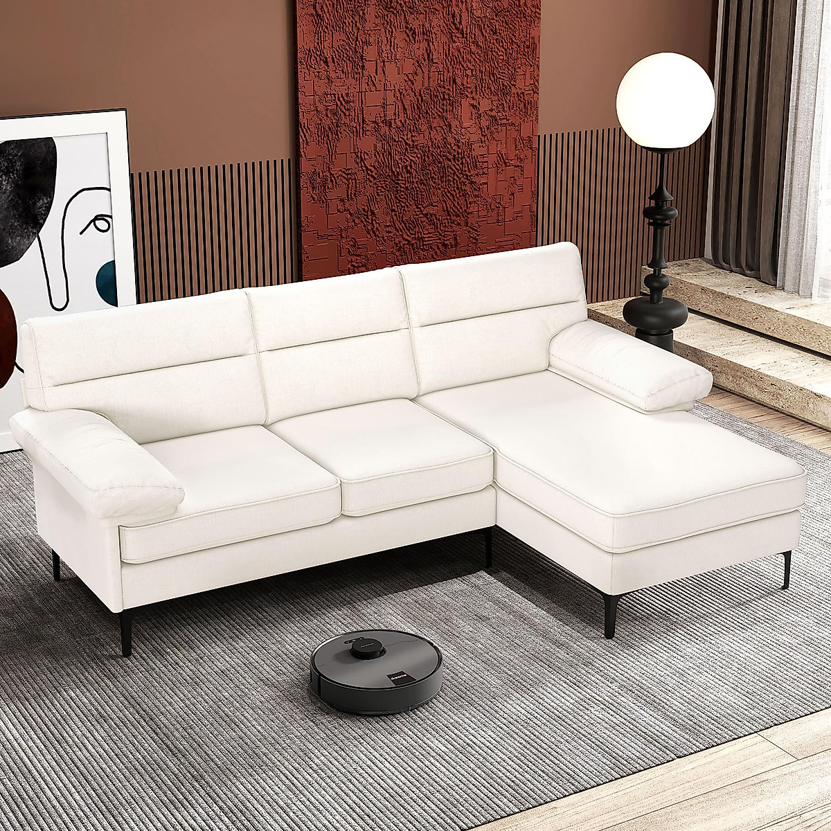 Ihanherry 85” Convertible Sectional Sofa Couch, 3 Seat Sofa for Living Room L-Shaped Modern Chenille Fabric Modular Sofa Reversible Wide Chaise & Fluffy Armrests for Apartment (Beige)