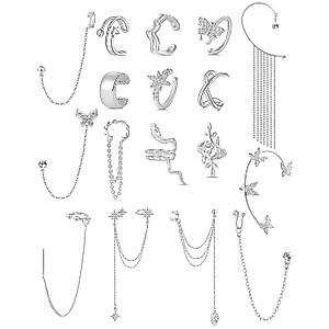 Tornito 17Pcs Ear Cuffs Chain Earrings Snake Butterfly Leaf Non Piercing Clip on Earring Fake Helix Cartilage Earrings Ear Clip Jewelry Silver Tone