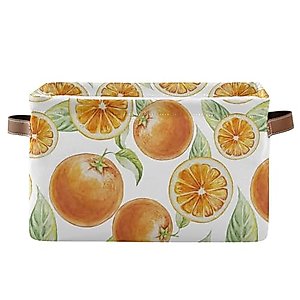 Orange Fruit Leafs Storage Basket Bins Collapsible Toy Storage Bins with Handles Laundry Baskets for Bedroom Office Clothes Pet Nursery Living Room,1 pcs