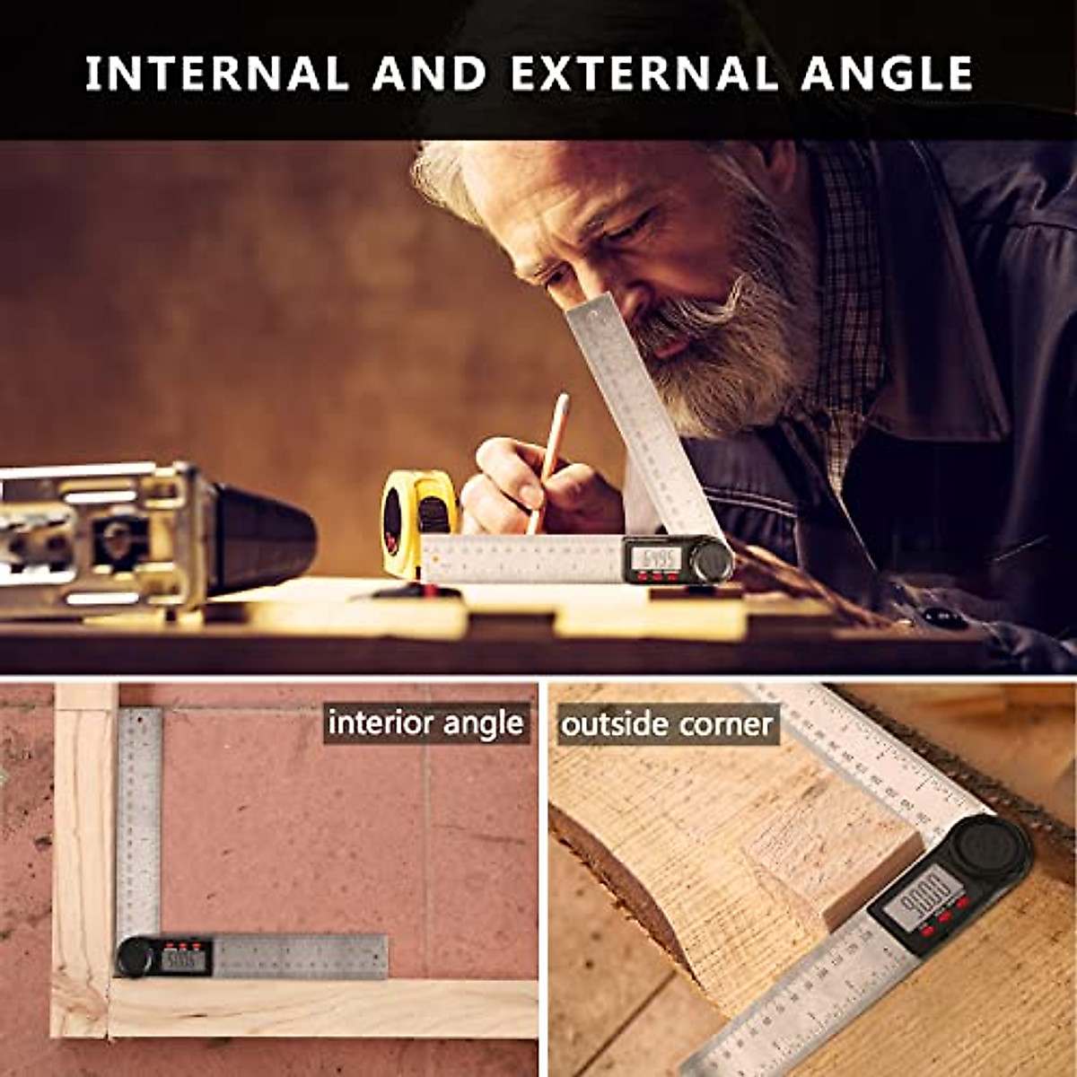 Digital Angle Finder Protractor,2 in 1 Auzof Angle Finder Ruler,7Inch / 200mm Stainless Steel Angle Measuring Tool with LCD Display for Woodworking/Carpenter(2 Batteries Included)