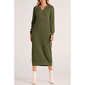 PRETTYGARDEN Women's 2024 Fall Knit Sweater Dress Long Sleeve Button V Neck Loose Casual Maxi Dresses (Black,X-Large)