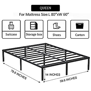 ALDRICH 14 Inch Metal Bed Frame Queen Size - Double Black Basic Anti Squeak Steel Slats Platform, Easy Assembly Heavy Duty Noise Free Bedframes, No Box Spring Needed