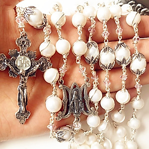 elegantmedical Handmade Sterling Silver White Pearl Beads Catholic Rosary Necklace Cross Crucifix Gift Box