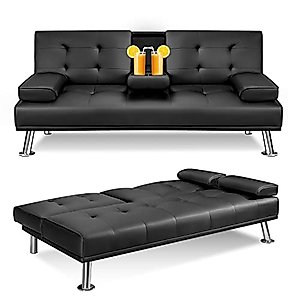 VICTONE Futon Sofa Bed Modern Faux Leather Couch Bed Convertible Folding Recliner for Living Room with 2 Cup Holders and Armrest (Black)