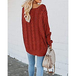 Womens Pullover Sweaters Plus Size Cable Knit V Neck Lace Up Long Sleeve Fall Jumper Tops Brick Red