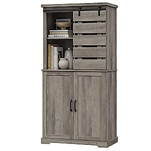 HOSTACK Tall Farmhouse Storage Cabinet, Sliding Barn Door Kitchen Cabinet with Adjustable Shelves, Freestanding Bookcase Buffet Cabinet for Kitchen, Dining Room, Living Room, Home Office, Ash Grey