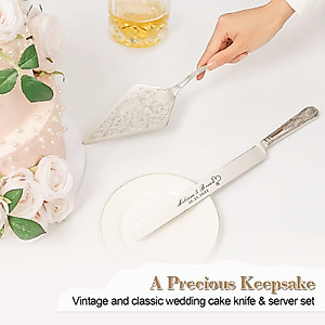 TUKDAK Silver Cake Knife and Server Set, Personalized Cake Cutting Set For Wedding, Cake Cutter Pie Pizza Server Set, Engraved Cake Serving Set for Anniversary Birthday Party Gift (Silver)