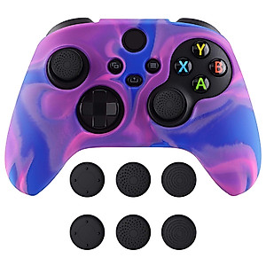 PlayVital Tri-Color Pink & Purple & Blue Camouflage Anti-Slip Silicone Cover Skin for Xbox Series X Controller, Soft Rubber Case Protector for Xbox Core Wireless Controller with Black Thumb Grip Caps