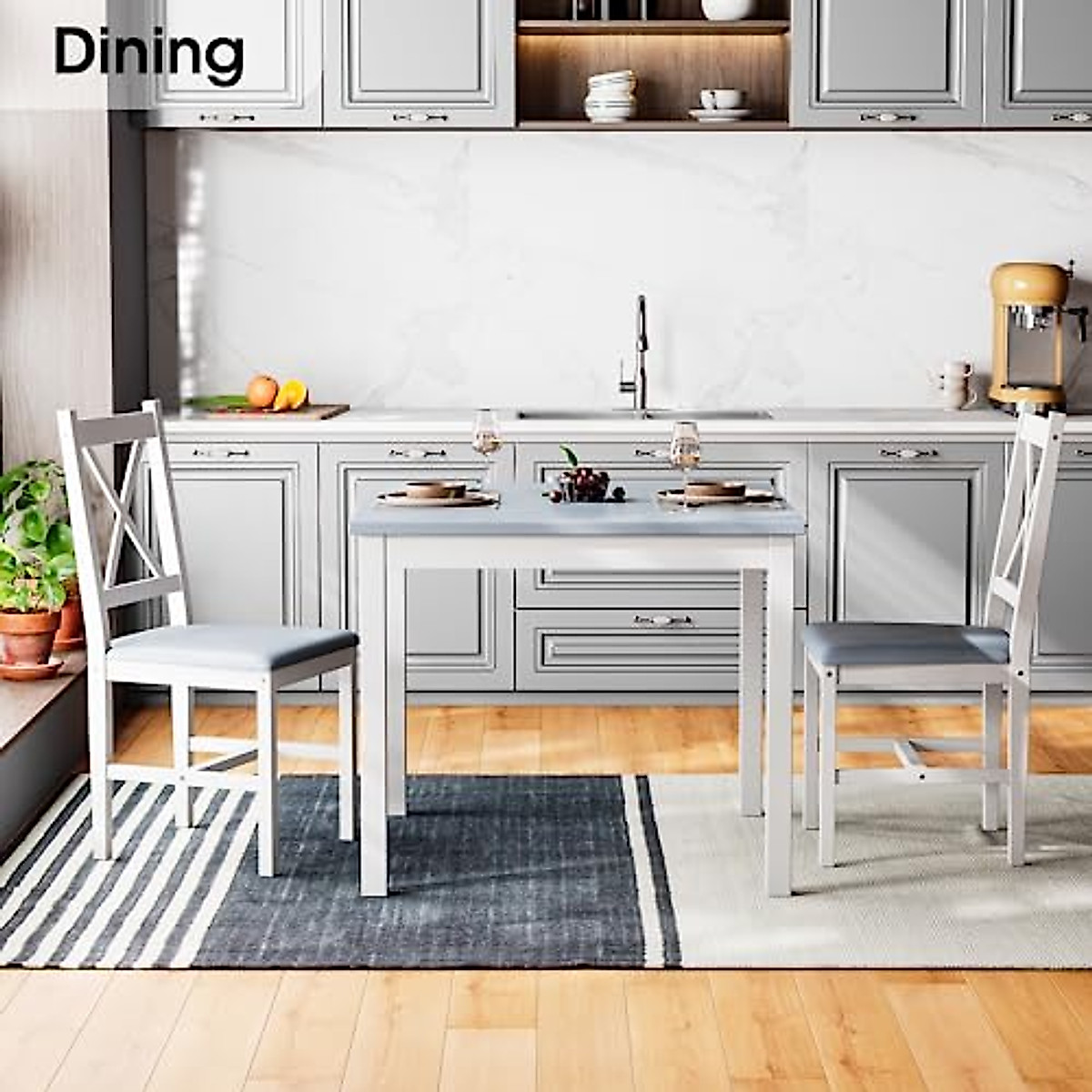 Alohappy Dining Table Set for 2, 3 Piece Kitchen Table and Chairs Set Pine Wood Dining Table with 2 Upholstered Chairs for Small Space, Apartment, Space-Saving & Easy Assembly (Blue)