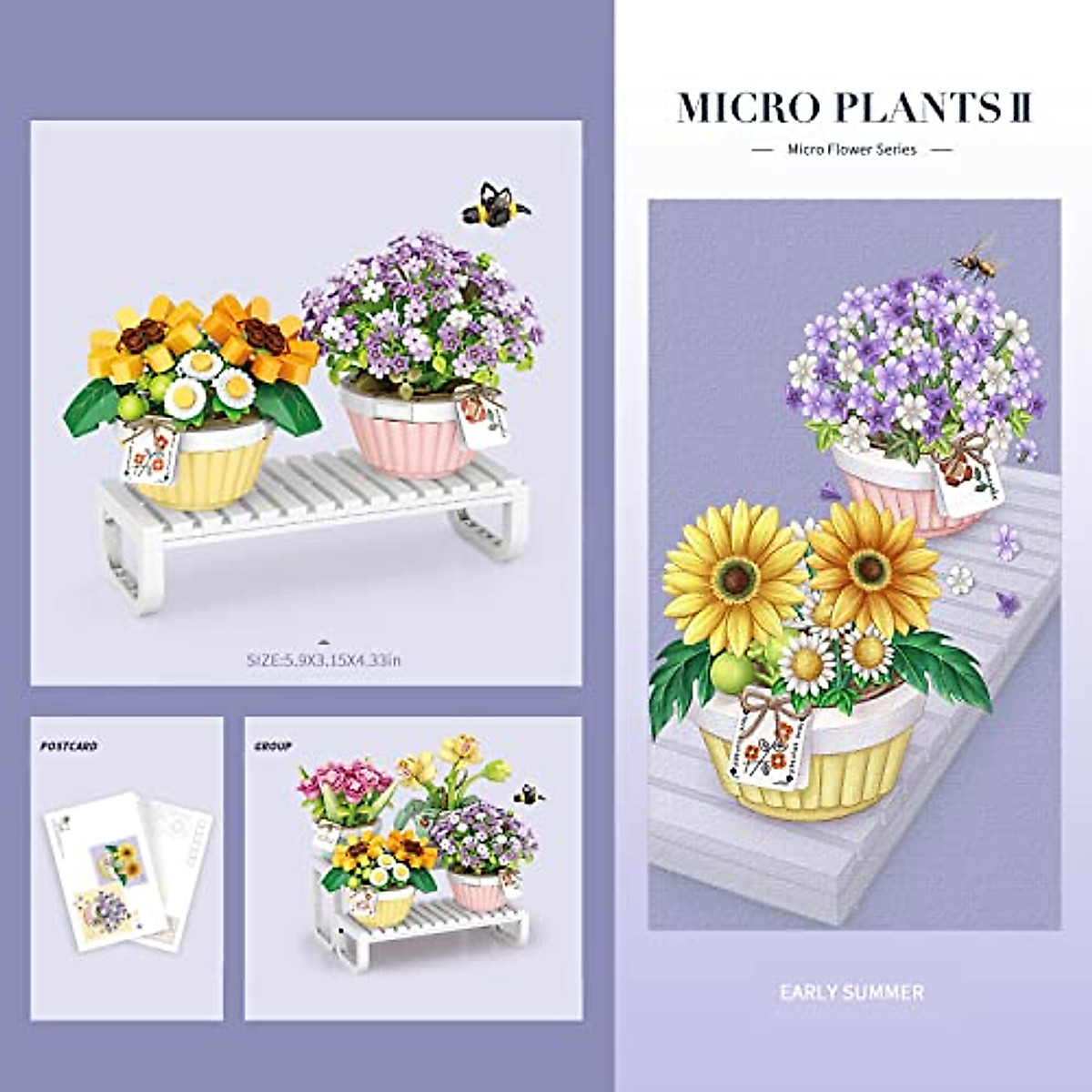 QLT Mini Bricks Flower Mini Sunflower Bonsai Tree Building Block Set 2PCS Botanical Collection Construction Building Toy, Creative Gift for Her Girls Women Adults 6+（Not Compatible with Lego Set ）