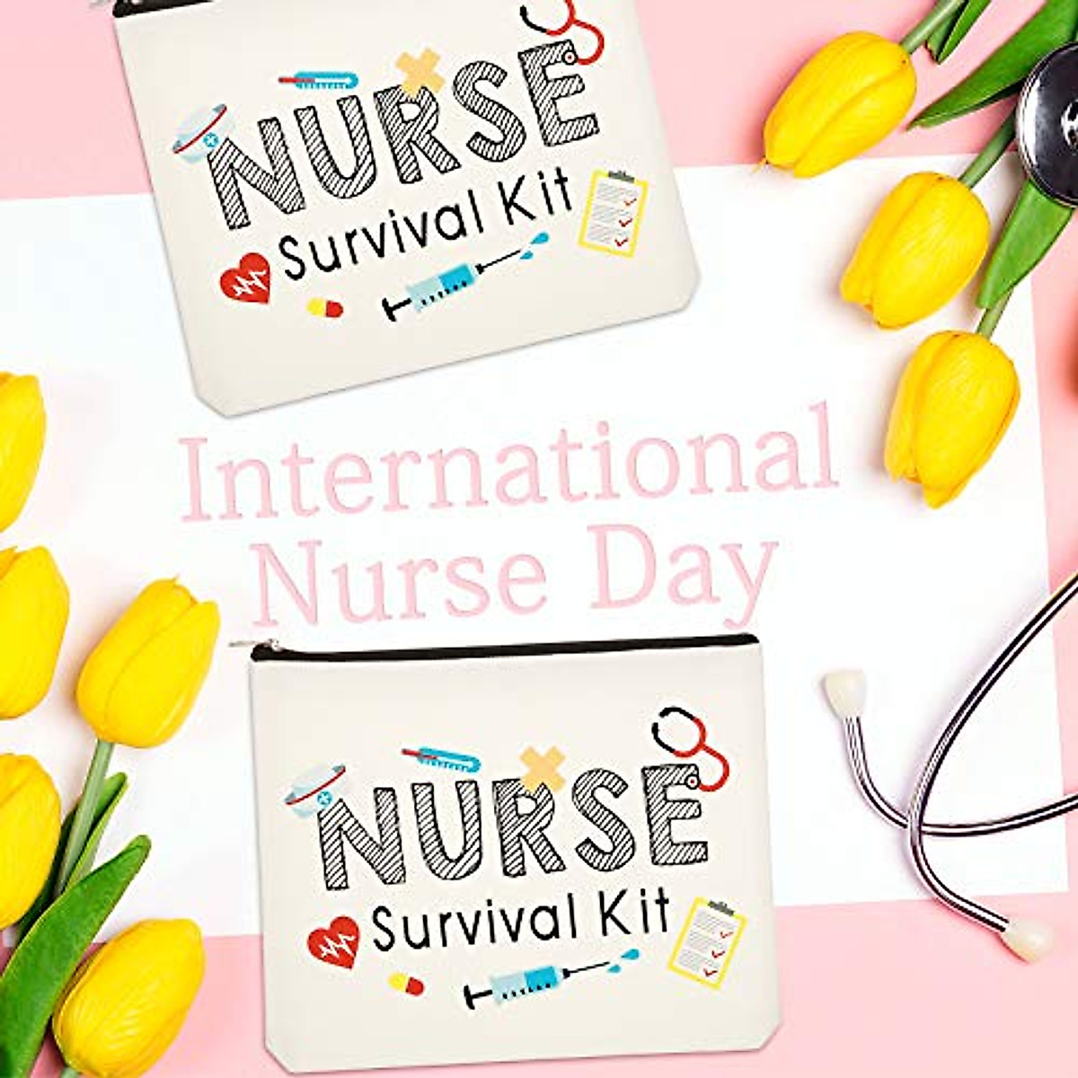 Frienda 8 Pcs Nurse Survival Kit Makeup, Cosmetic Bag Nurse Practitioner Gifts Toiletry Bag Funny Travel Bag Nurses School Supplies for Nursing Student (White)