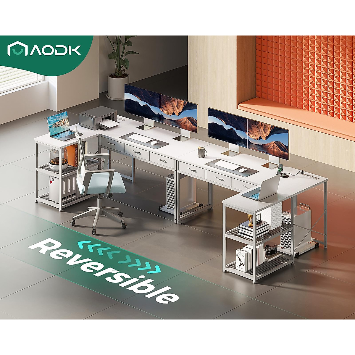 AODK 53 Inch L Shaped Computer Desk with Drawers, Corner Desk with Power Outlets & Reversible Storage Shelves, Movable CPU Stand for Home Office Gaming, White