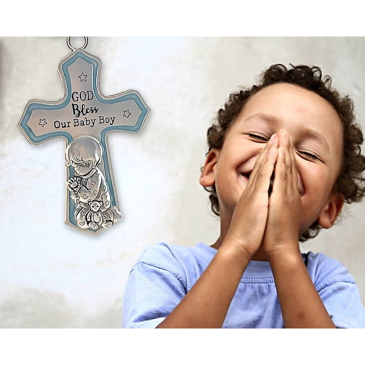 Ganz U.S.A., LLC Ornate Crib Cross Decor with White Ribbon Baby Boy for Baptism, Christening, Baby Shower God Bless Our Baby Boy