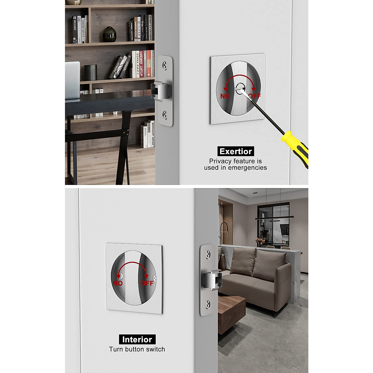 goldenwarm Bed/Bath Pocket Door Lock, Satin Nickel Contemporary Privacy Square Pocket Door Hardware, Flush Pocket Door Latch, 2-3/8" Backset