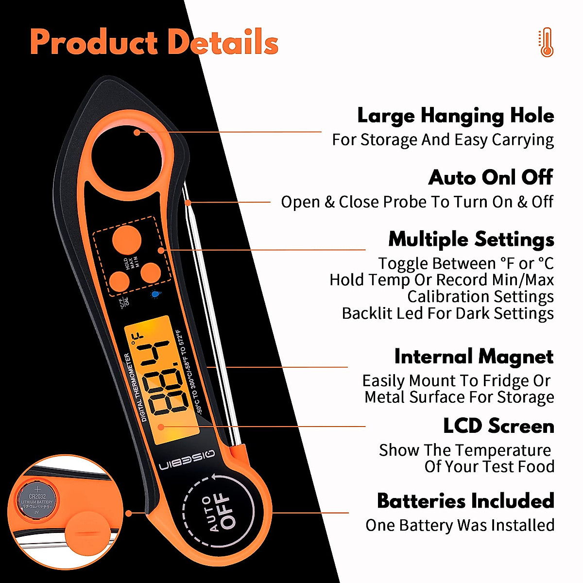 Qisebin Meat Thermometer for Cooking, Fast & Precise Grill Food Thermometer with Backlight, Magnet, Calibration & Foldable Probe for Deep Fry, BBQ, Grill & Roast Turkey, Black, Qisebin-Safere11-DT-68
