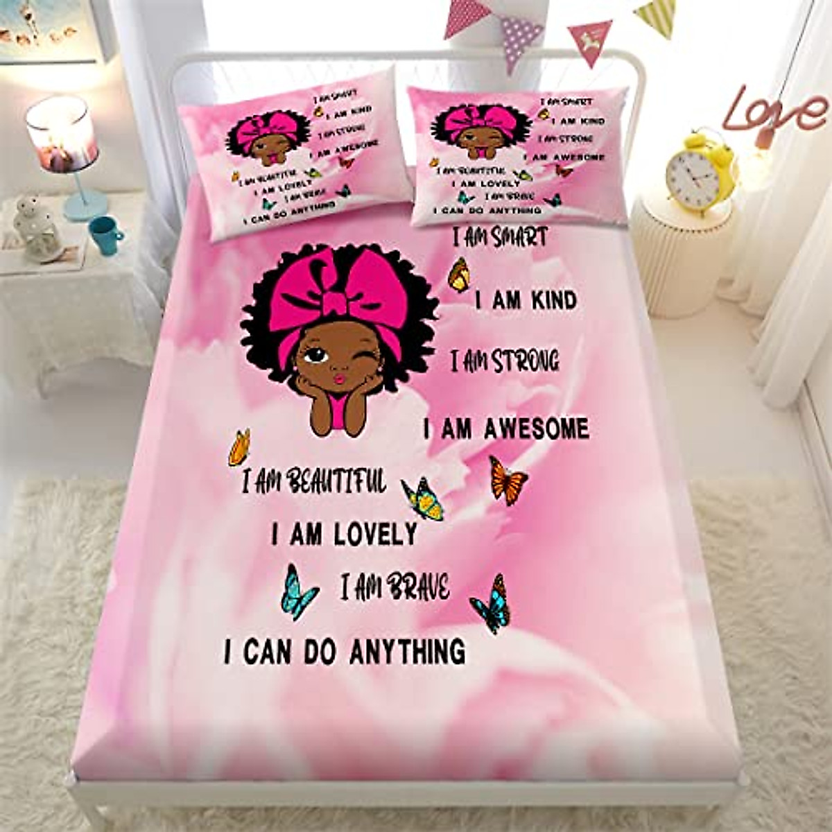 Gusuhome Black Girl Magic Bedding Sets Twin Size African American Girl Fitted Sheet Set Cute Little Afro Black Princess Bed Sheet Set for Girl Bedroom Room Decor (1 Fitted Sheet + 1 Pillowcases) Pink